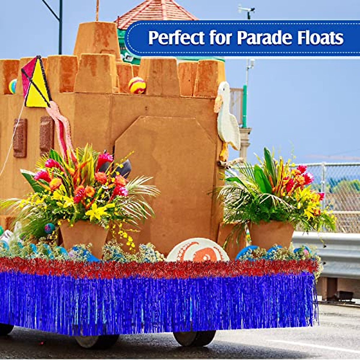 20 Pcs 4th of July Parade Float Decorations Including 8 Pcs 10 ft Metallic Foil Fringe Curtains 12 Pcs 6.5 ft Tinsel Garland for Flag Day Independence Day Party Car Decorations