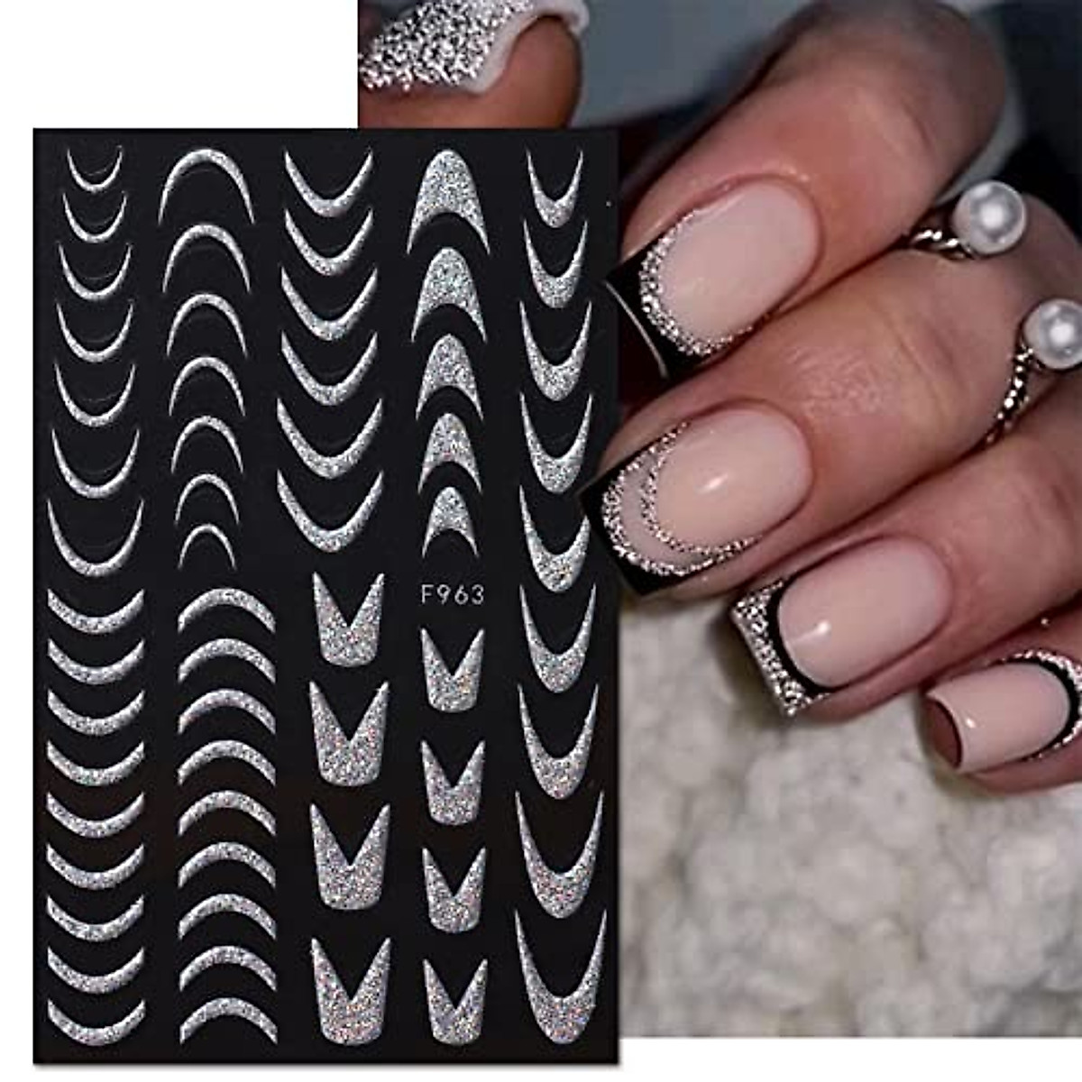 JMEOWIO 8 Sheets French Tip Nail Art Stickers Decals Self-Adhesive Pegatinas Uñas Silver Line Nail Supplies Nail Art Design Decoration Accessories
