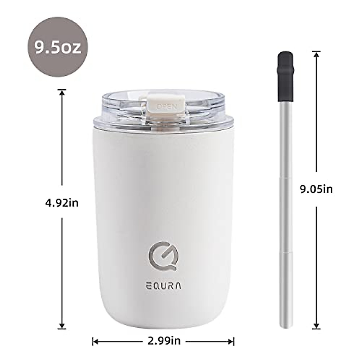EQURA Coffee Mug with Straw, 9.5Oz Reusable Coffee Cup, 9 Hours Keeps Hot/Iced Beverage, Sweat Proof, Insulated Coffee Mug for Travel/Office/Camping (White)
