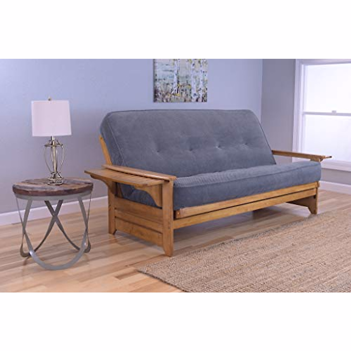 Lakefront Complete Futon - Frame and Mattress Set - Arm Tray, 8" Innerspring Full Size Sofa Bed Sleeper (Marmount Thunder, Full)