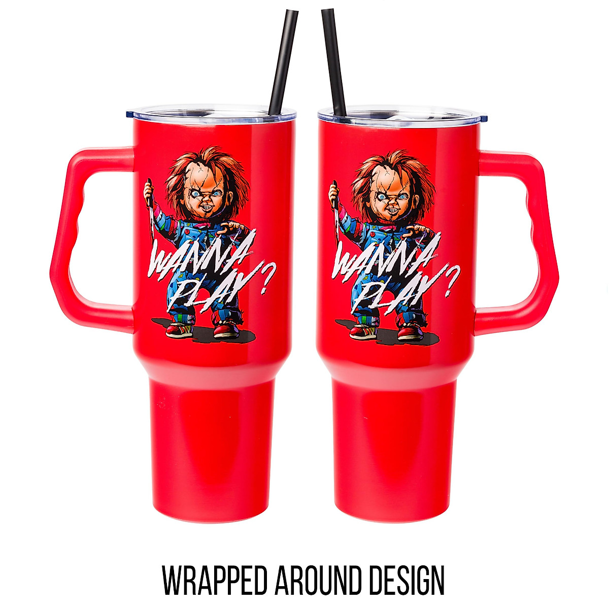 Silver Buffalo Chucky Wanna Play Stainless Steel Tumbler with Handle and Straw, Fits in Standard Cup Holder, 40 Ounces