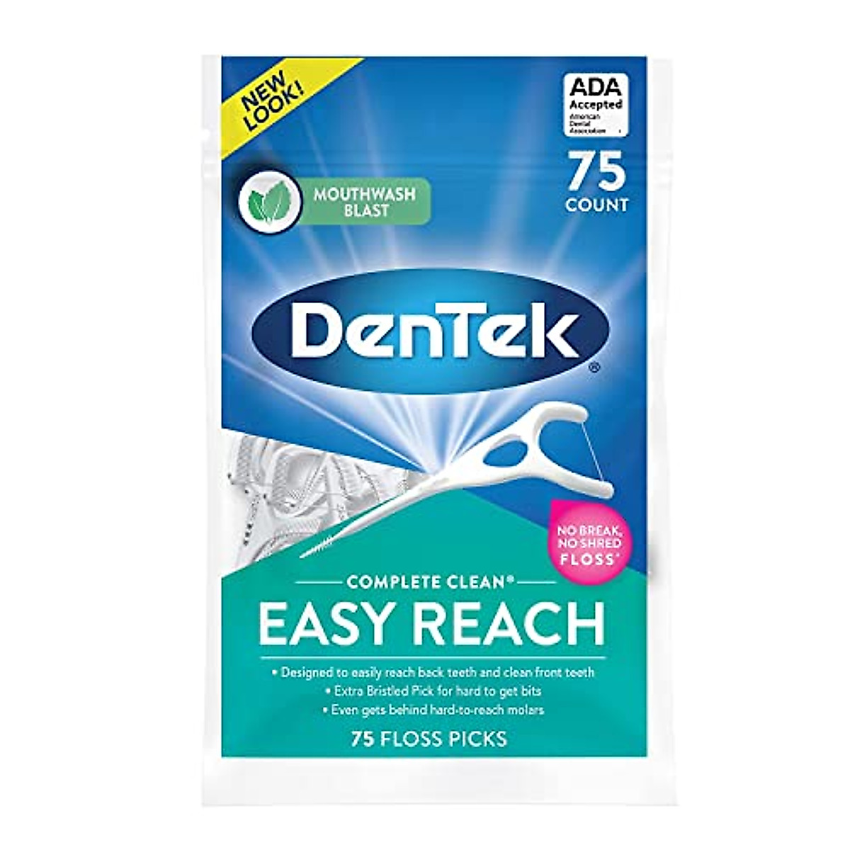 DenTek Complete Clean | Fresh Mint | Easy Reach Angled Floss Picks | No Break & No Shred Floss | 75 Each | Pack of 7