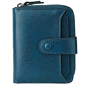 Small Wallets for Women RFID Blocking Leather Zipper Coin Pocket Wallet Card Case with ID Window (Peacock Blue)