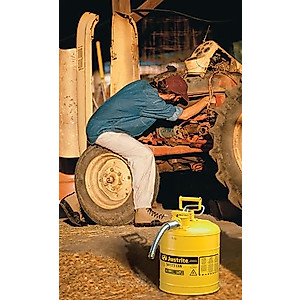 Justrite 5 Gallon Type II Yellow Safety Can for Diesel with Flame Arrester, Self-Closing Lid, and 1" Flexible Metal Spout, Made in the USA, Galvanized Steel Flammable Storage Can, 7250230
