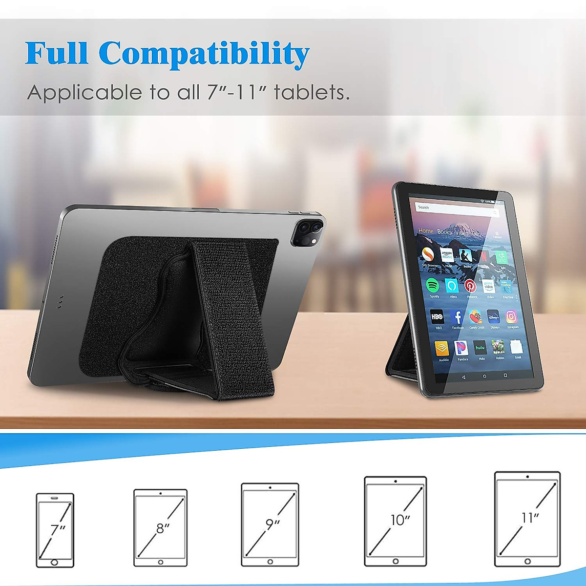 FINTIE Universal Tablet Hand Strap Holder - [Dual Stand Supports] Detachable Padded Hook & Loop Fastening Handle Grip with Adhesive Patch for iPad/Galaxy Tab and All 7-11" Tablets, Black