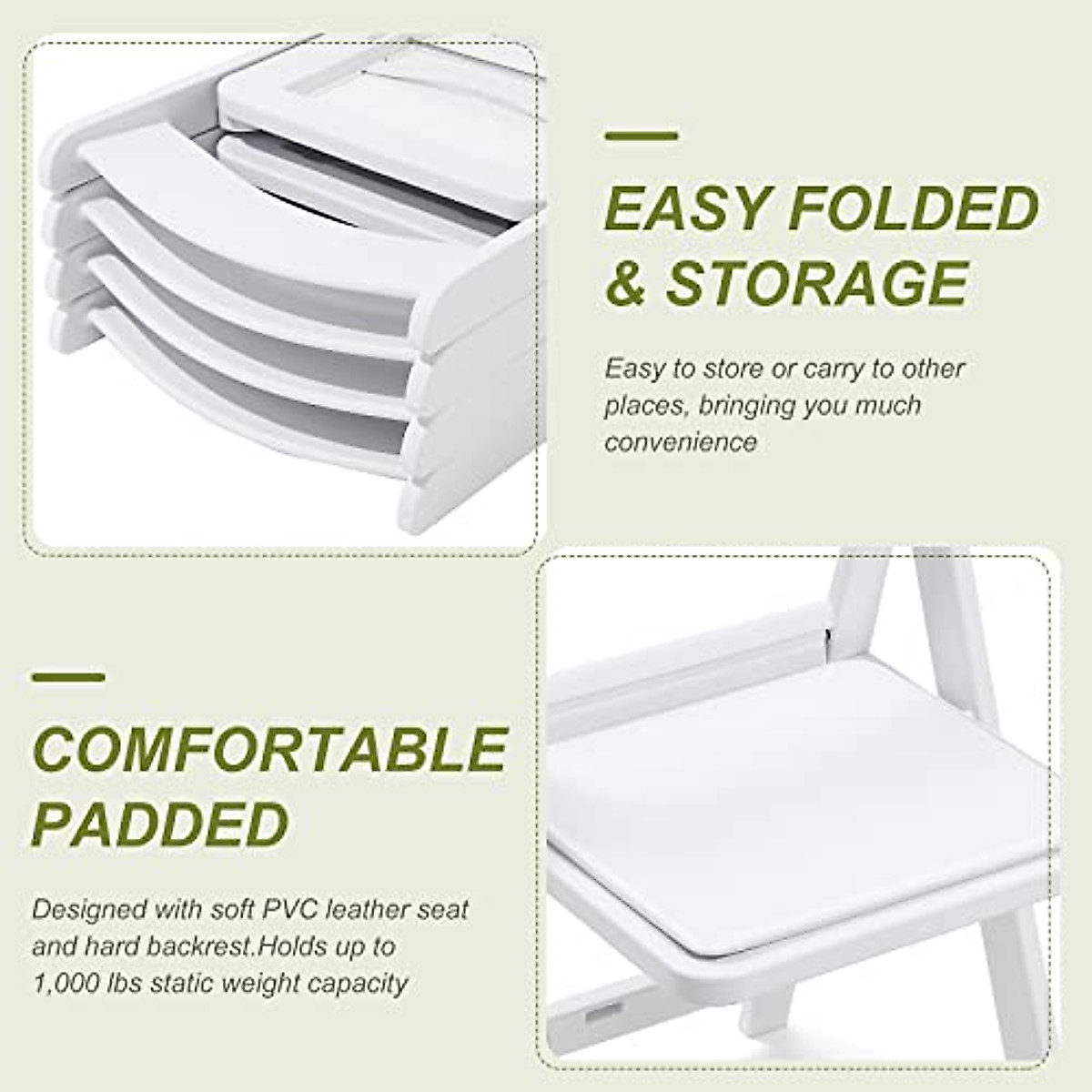 4 Pack Folding Chairs White Plastic Folding Chair Comfortable Resin Foldable Chair Lightweight Dining Chairs with PVC Padded Seats for Wedding Events Party Picnic Kitchen Garden Church Indoor Outdoor