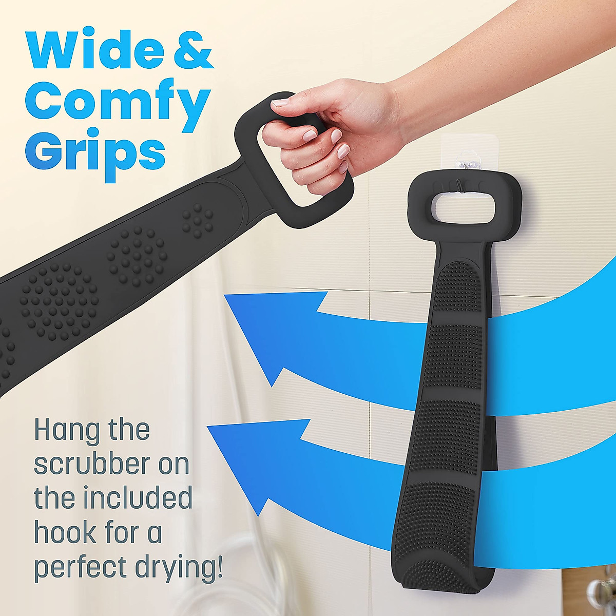 Silicone Back Scrubber for Shower- 36 Inches Back Body Brush Extra Long for Exfoliating & Massaging Hygienic Back Washer with Handle, Shower Silicone Back Scrubber for Men and Women, Black.