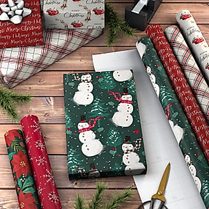 Hallmark Rustic Recyclable Christmas Wrapping Paper (6 Rolls: 180 Sq. Ft. Total) Red, White and Hunter Green Plaid, Poinsettias, Snowflakes, "Merry Christmas," Snowman, Santa