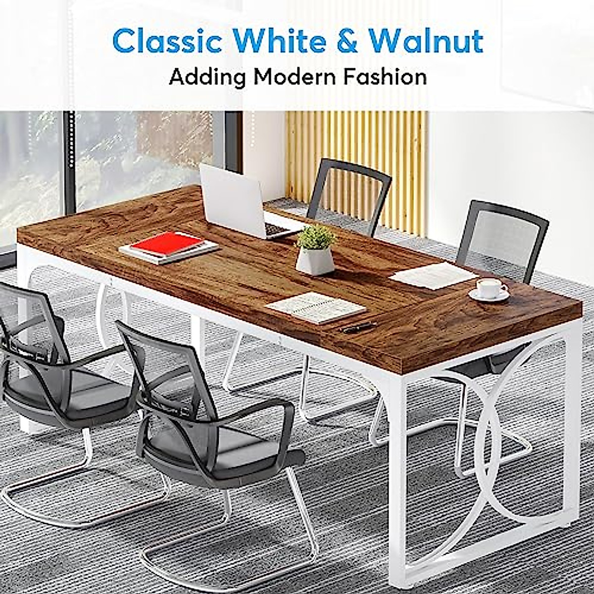 Tribesigns 63" Executive Desk, Large Office Computer Desk with Strong Metal Frame, Modern Thicken Wood Workstation Business Furniture for Home Office, Easy Assembly (Walnut & White)