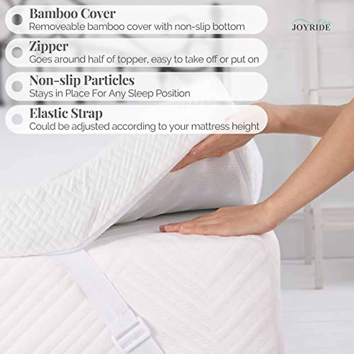 Memory Foam Mattress Topper,3 Inch Gel Infusion Egg Crate,with Removable, Washable Bamboo Rayon Cover,Anti-Slip Bottom & Straps,CertiPUR-US Certified,by Joyride Sleep(Queen Size)