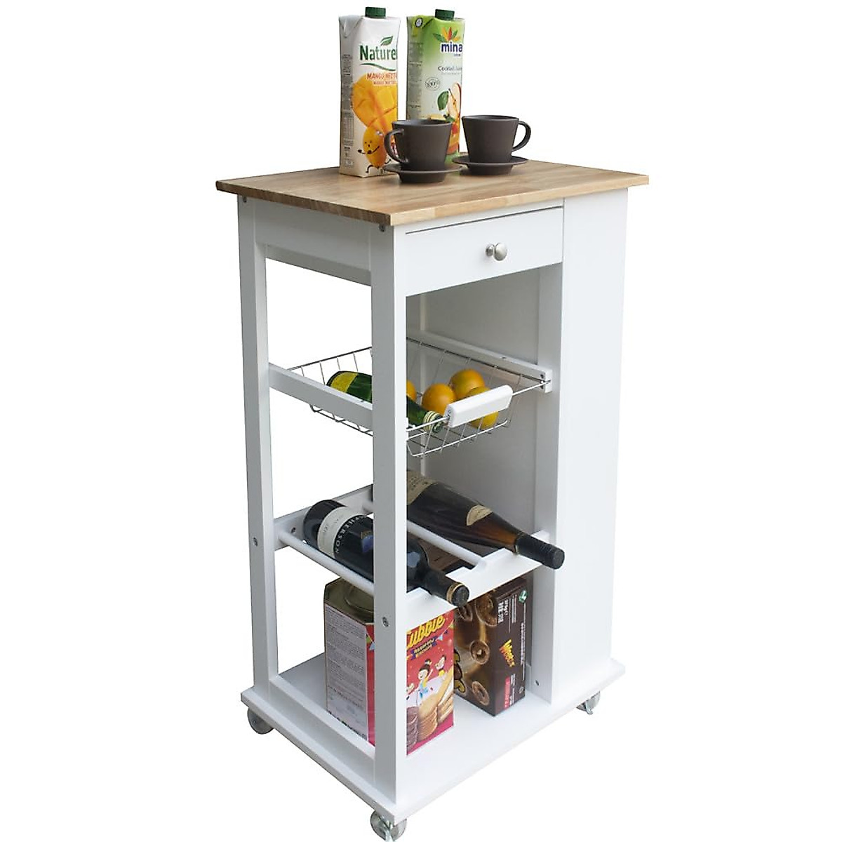 Kitchen Island Cart with Wood Top, Mobile Carts with Storage Shelf, Rolling Kitchen Table with Spice Rack, Service Cart Bar Table with Wine Rack, Small Basket and Drawer, Portable Islands on Wheels
