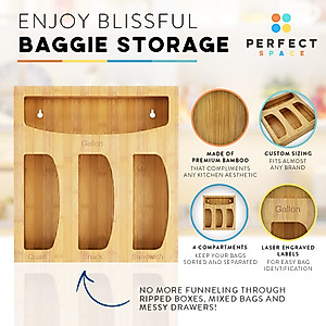 Bamboo Ziplock Bag Storage Organizer w/ 4 Compartments - Baggie Organizer for Kitchen Drawer - Compatible Gallon, Snack, Sandwich, Quart Size Ziplock Bags - Wall Hang, Ziplock Organizer for Drawer