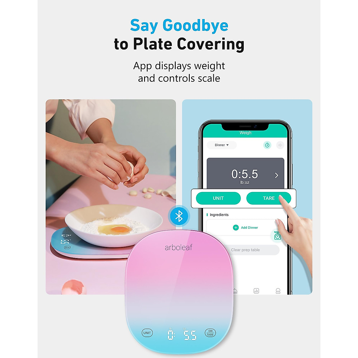 arboleaf Food Scale Rechargeable, Food Scales Digital Weight Grams and oz, Kitchen Scales Digital Weight, Smart Baking Measuring Food Scales for Kitchen Gift, Weight Loss, 0.1oz/0.5g, 22lbs/10kg