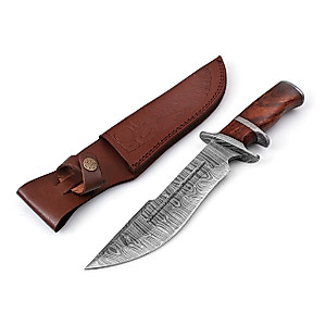 Damascus Hunting Knife, Handmade Full Tang Knife - Wood Handle Knife, Hand Forged Fixed Blade Knife & Bowi Knife - Camping Knives & Hiking Knives, Rose Wood Handle - Leather Knife Sheath