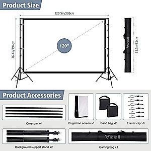 Projector Screen with Stand - VICIALL 120 inch Indoor Outdoor Projector Screen - 16:9 HD 4K Thickened Wrinkle-Free Movies Screen with Carry Bag for Home Theater Camping Travel Recreational Events
