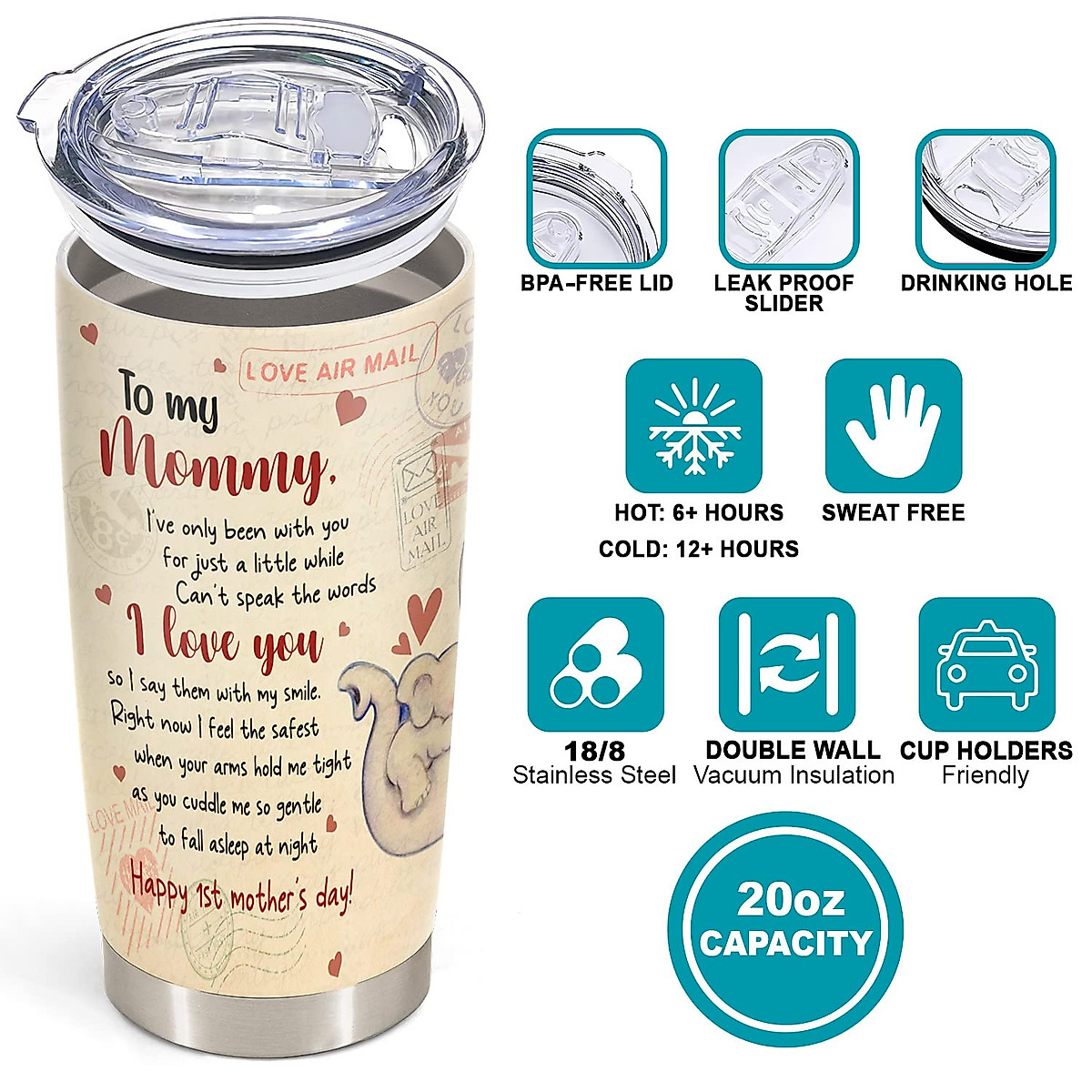 365FURY First Mothers Day Gifts For New Mom, Daughter From Baby, Sister, Son - 1st Mothers Day Coffee Mug - Elephant 20oz Double Wall Vacuum Insulated Tumbler With Lid for Woman