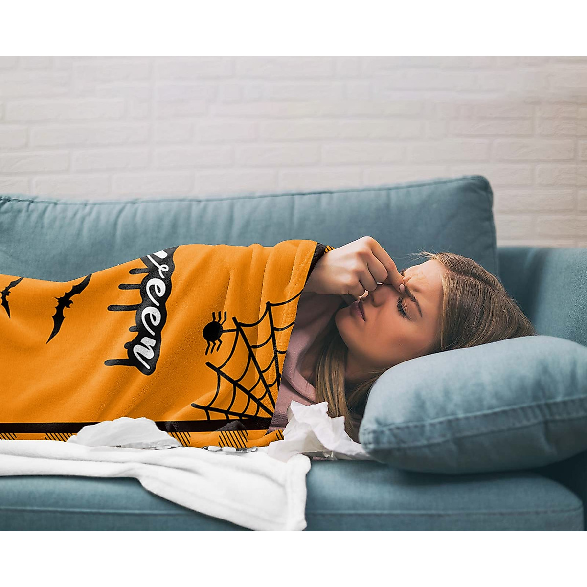 Throw Blanket- Halloween Gnome Soft Warm Plush Fleece Bed Throw,50x60In Flannel Blankets Scary House and Pumpkins Bedding Throws for Women/Men Bedroom Living Room Office Decor Orange Tartan Plaid