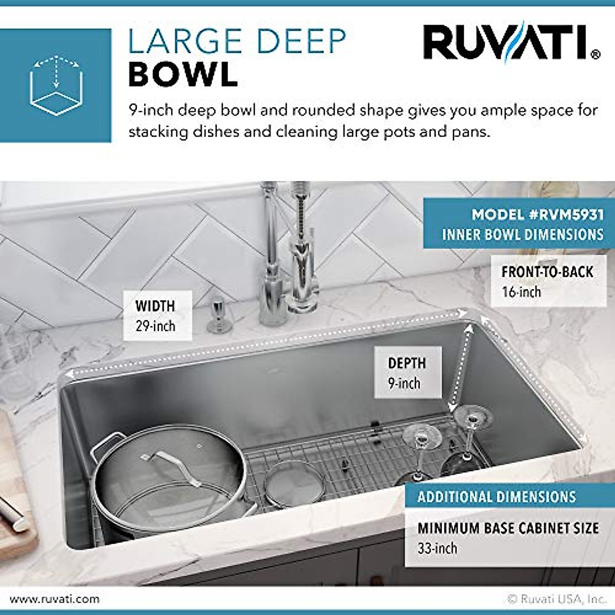 Ruvati 31-inch Undermount Kitchen Sink 16 Gauge Stainless Steel Single Bowl - RVM5931