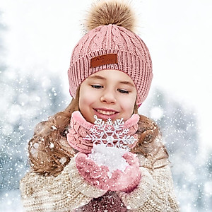 Kids Winter Beanie Hat Scarf Gloves Set for 2-6 Years Old, Toddler Winter Knit Hat Gloves Neck Warmer with Fleece Lined (pink)