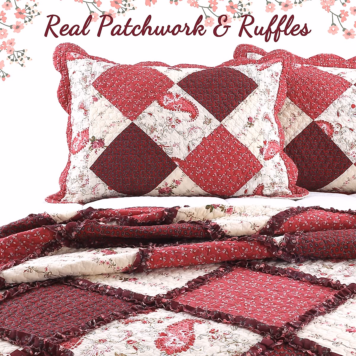 Cozy Line Home Fashions 100% Cotton True Patchwork Reversible Red Floral Paisley Rag Ruffle Farmhouse Quilt Bedding Set, Coverlet Bedspread (Rose Vintage, King - 3 Piece)