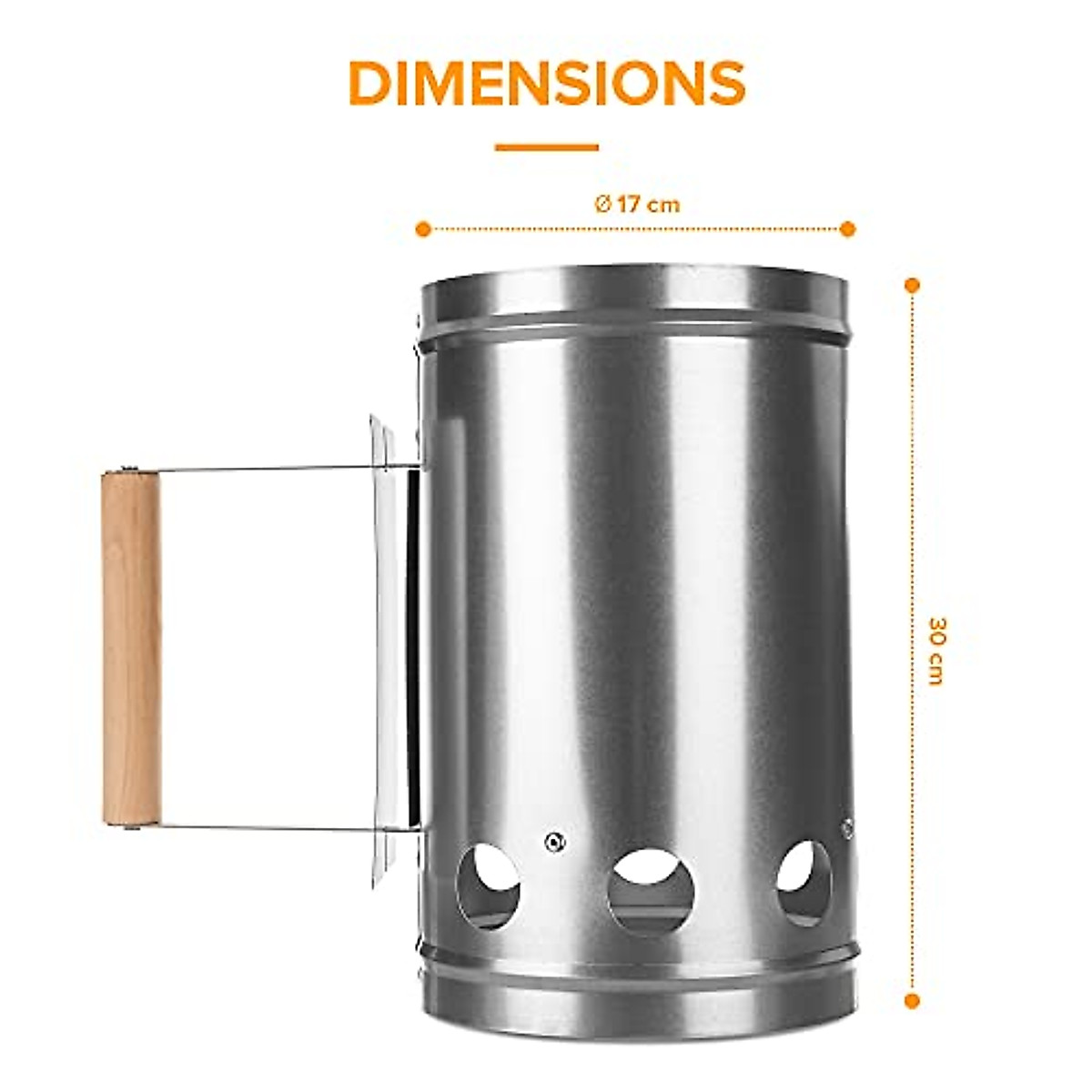 LIVIVO Banquet Charcoal Chimney Starter With Wooden Safety Handle - Quick Start Barbecue Lightning Kit Camping Grilling BBQ - Galvanised Iron Sheet Finish - Heavy Duty