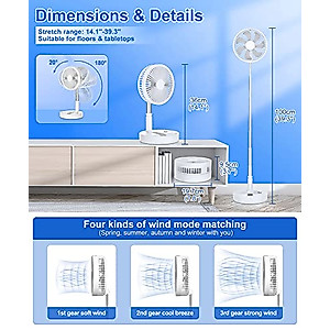 Portable Foldable Fan for Travel - 7200mAh Rechargeable Battery Folding Standing Table Fan with 4 Speeds - 7.8'' Super Quiet Collapsible Pedestal Fan with Remote for Home Bedroom Office, White