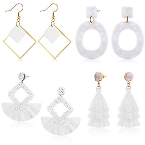 4 Pairs White Earrings for Women Layered Tassel Dangle Earrings Bohemian Geometric Earrings Mottled Hoop Bead Earrings (Elegant)