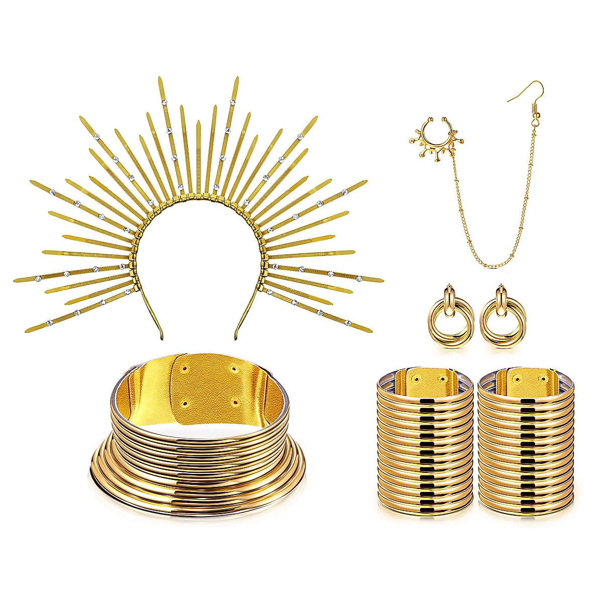 5 Pcs African Vintage Gold Flamboyant Jewelry Set Egypt Choker Bracelet African Nose Rings Hoop Chain Earrings Crown Headpiece Sunburst Spiked Headband for Women Costume Accessories Theme Party