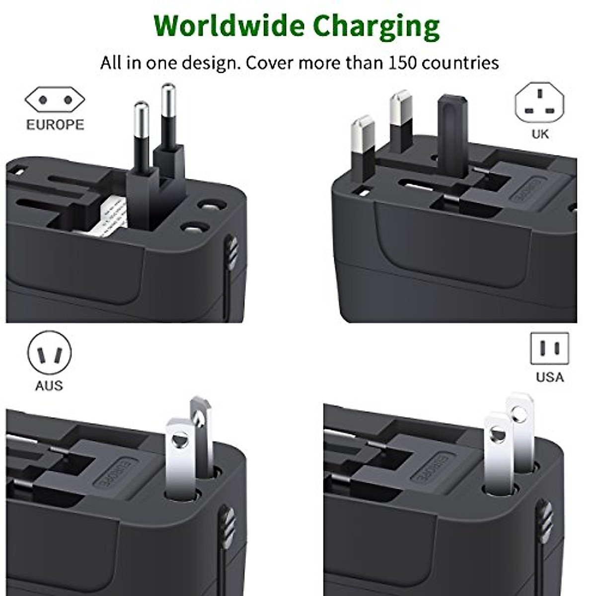 Travel Adapter, Universal All in One Worldwide Travel Adapter Power Converters Wall Charger AC Power Plug Adapter with Dual USB Charging Ports for USA EU UK AUS