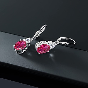 Gem Stone King 925 Sterling Silver Red Created Ruby and White Zirconia Dangle Earrings For Women (5.00 Cttw, Gemstone July Birthstone, Oval 10X8MM, Trillion 5MM)