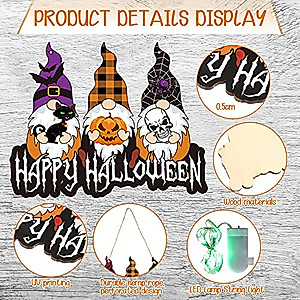 Amyhill Halloween Gnomes Sign Pumpkin Bat Gnome Wooden Plaque with String Lights Happy Halloween Wooden Door Wall Sign with Rope for Yard Indoor Outdoor Garden Decoration, 11.8 x 9.3 Inch