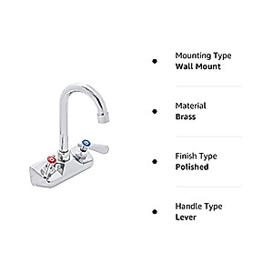 Kitchen Sink Faucet Wall Mount - DuraSteel 4" Center Commercial Kitchen Sink Faucet with 3-1/2" Gooseneck Spout - Dual Lever Handles - Brass Constructed & Chrome Polished