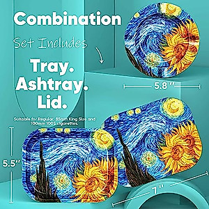 HiKeep Rolling Tray Set of 3, Metal Rolling Tray with PVC Soft Magnetic Lid - 7 x 5.5, Ashtray - 5.8" (Art Design)