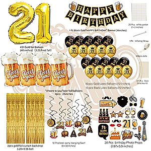 21st birthday decorations for him men - (60pcs) black gold party Banner, 40 Inch Gold Number Balloons,21st Sign Latex Balloon,Fringe Curtains and cheers to you Foil Balloons,Hanging Swirl,photo props