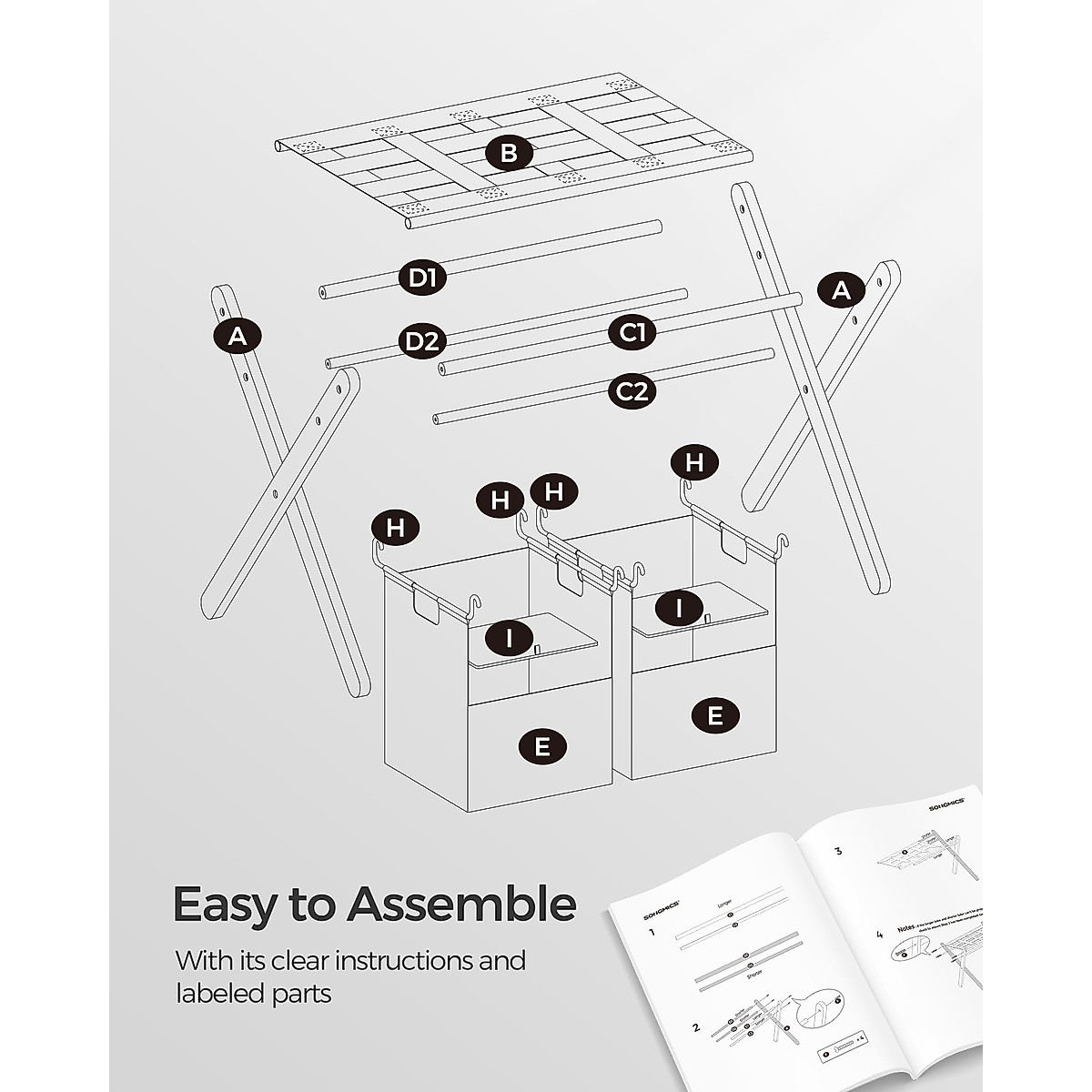 SONGMICS 2 Pack Luggage Racks with 2 Removable Laundry Bag, Set of 2 Suitcase Stands for Guest Room, Foldable for Space-Saving Storage, Steel Frame, Hotel, Bedroom, Slate Gray URLR008G02
