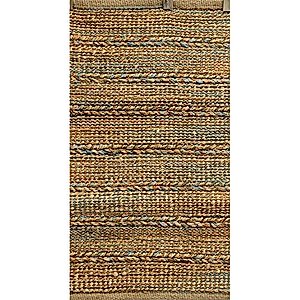 Lr Home Hand-Woven Light Blue Braided Jute Rug, Tan/Blue