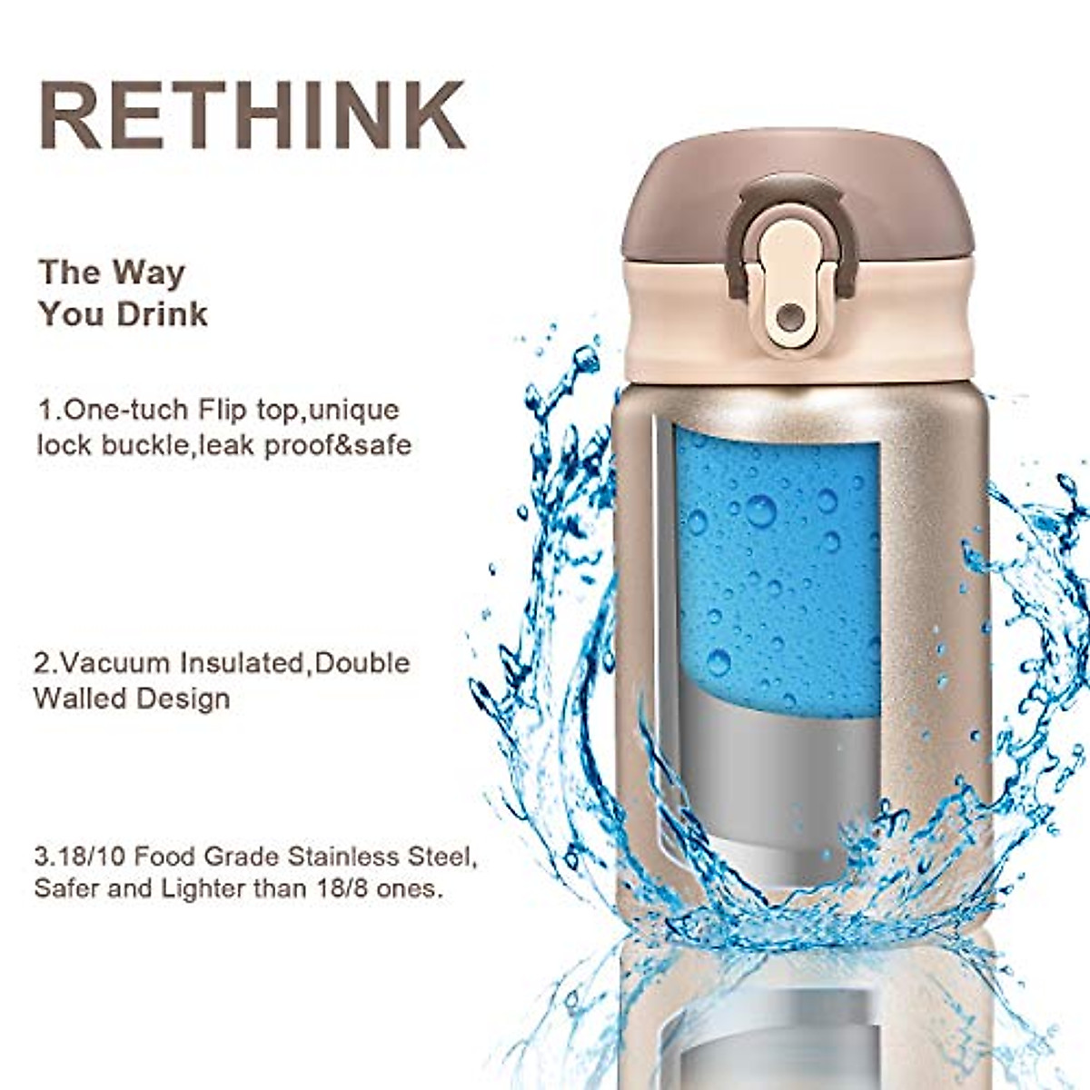 Diller Thermal Water Bottle - 10 Oz Mini Insulated Stainless Steel Bottle, Leakproof Cute Vacuum Flask, Perfect for Purse or Kids Lunch Bag, 12 Hours Hot & 24 Hours Cold (Gold, 10 oz)