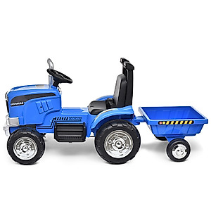 Joywhale 12V Kids Ride on Tractor with Trailer Battery Powered Motorized Electric Car for Kids Ages 3-6, with Detachable Trailer, 2.4G Remote Control, Exhaust Pipe & Bright Headlight, Blue