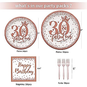 GREPARPY 30th Birthday Decorations Women Tableware - Rose Gold 30 And Fabulous Birthday Decorations Dinnerware, Thirty Birthday Plate, Napkin, Fork, Her 30-Year-Old Birthday Party Supplies | Serve 24