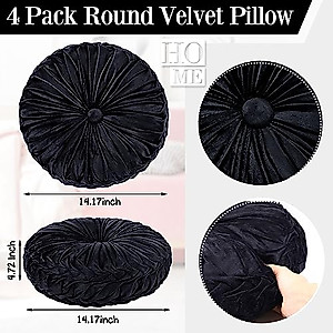 Kathfly 4 Count Round Throw Pillow Velvet Pleated 3D Pumpkin Round Pillow Boho Floor Cushion Couch for Bed Chair Home Car Sofa Decorations, 14.17 x 14.17 Inches (Black)