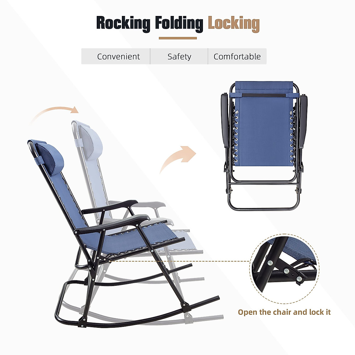 Flamaker Patio Rocking Chair Zero Gravity Chair Outdoor Folding Recliner Foldable Lounge Chair Outdoor Pool Chair for Patio, Poolside and Camping (Blue)