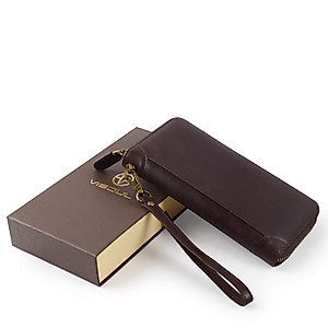 VISOUL Women’s RFID Blocking Genuine Leather Long Wallets with Detachable Wrist Strap, Large Capacity Zip Around Phone Holder Wallet for Women (Coffee)