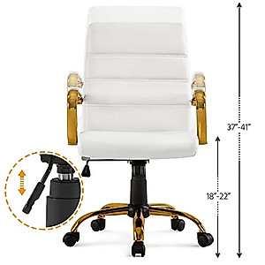 Topeakmart Office Desk Chair Mid-Back Adjustable Chair PU Leather Executive Chair w/Gold Frame White Seat