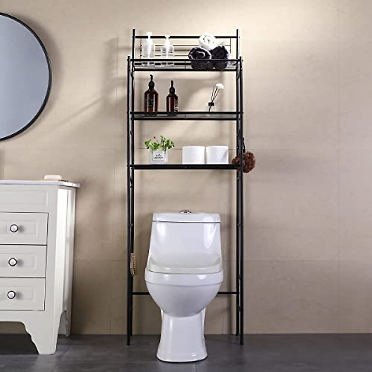 L&H UNICO 3-Shelf Wire Freestanding Shelving Unit Over The Toilet Storage Organizer Rack Bathroom Space Saver, Includes 4-Hooks, Black