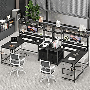 YOMILUVE L Shaped Desk with Drawers & Storage Shelves, Reversible Gaming Desk with Power Outlets, Corner Computer Desk with LED Lights & Hutch, Study Writing Workstation for Home Office (Black)