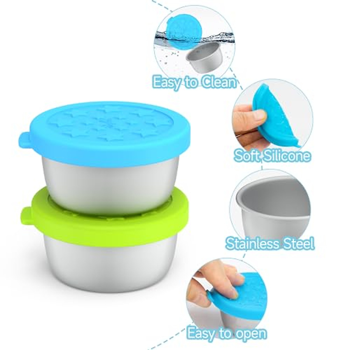 Stainless Steel Condiment Containers with Leakproof Food-grade Silicone Lids, Portion Bento Box and Mini Sauce Container of Kids Lunch to Go for Snack, Dessert, Souffle, Salad Dressing (MIX, 6 Pack)
