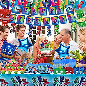 129pcs Pj-Masks Birthday Party Supplies Including Banners, Tablecloths, Cutlery, Spoons, Plates, Napkins, Hanging Swirls, Balloons, Cake Toppers, Cupcake Toppers, Character Foil Balloons