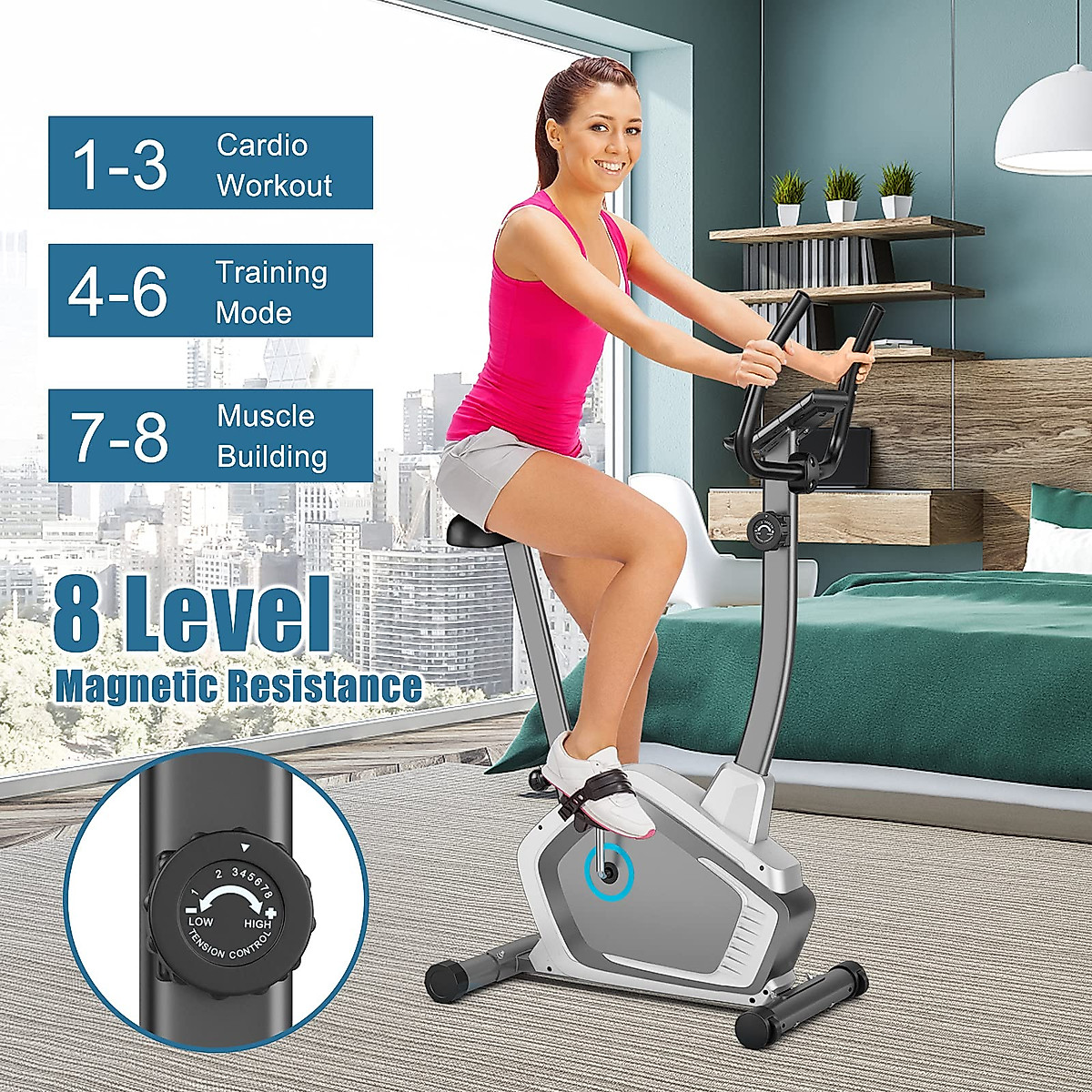 Goplus Indoor Magnetic Stationary Upright Cycling Bike, Exercise Bikes W/ 8-Level Resistance, All-inclusive Flywheel, LCD Monitor, Pad Holder, Gym Home Office Cardio Workout Fitness Bike Training