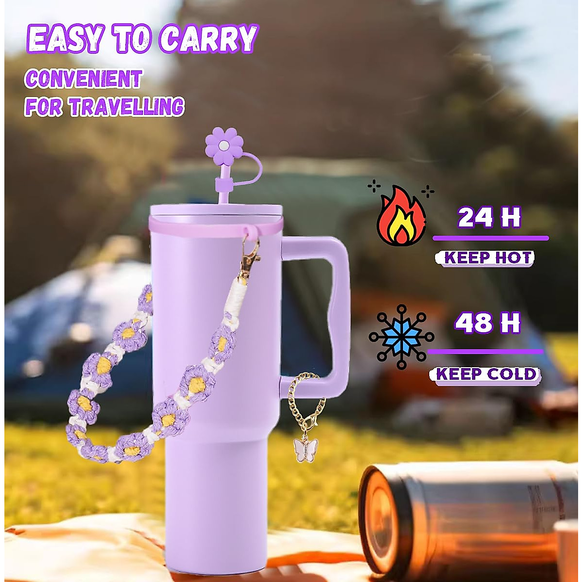 Sanilinwild 40 oz Tumbler with Handle Straw and Accessories, Drop & Abrasion Resistant, Vacuum Double-Layer Insulation, Ideal for Camping, Fitness, Outdoor Use