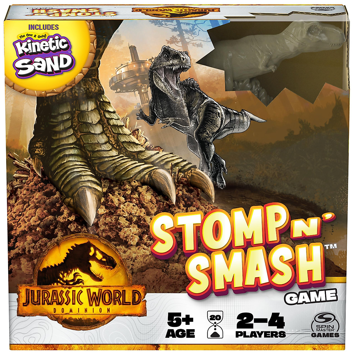 Spin Master Games, Jurassic World Dominion, Stomp N’ Smash Board Game Sensory Dinosaur Toy with Kinetic Sand, Christmas Gifts for Kids, for Ages 5+